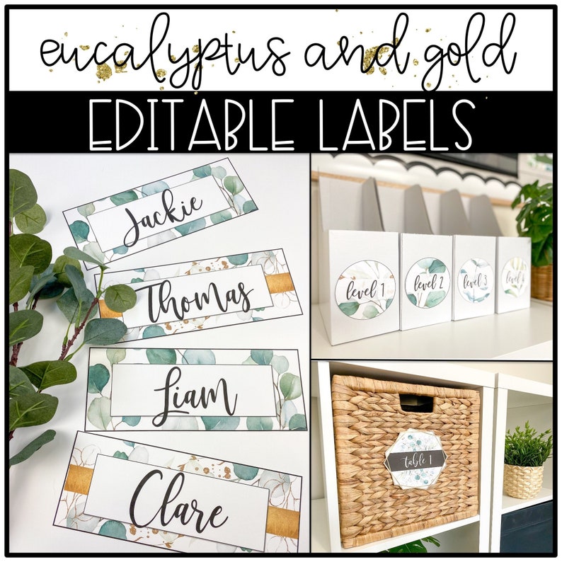 Eucalyptus and Gold Name Tags Classroom Labels Editable - Etsy