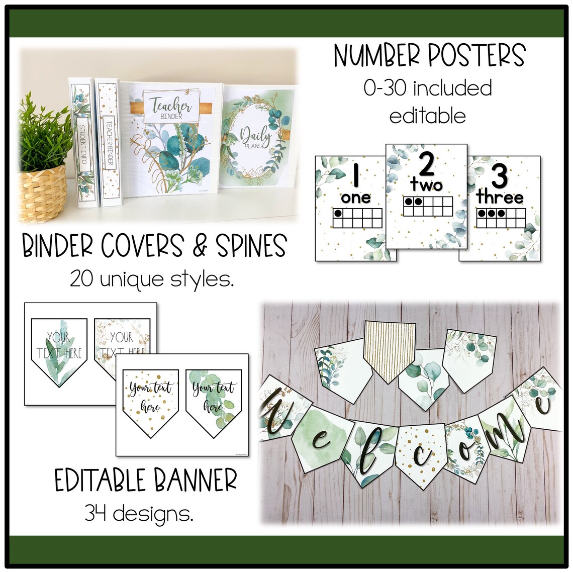 Eucalyptus and Gold Classroom Decor Bundle Editable - Etsy Canada