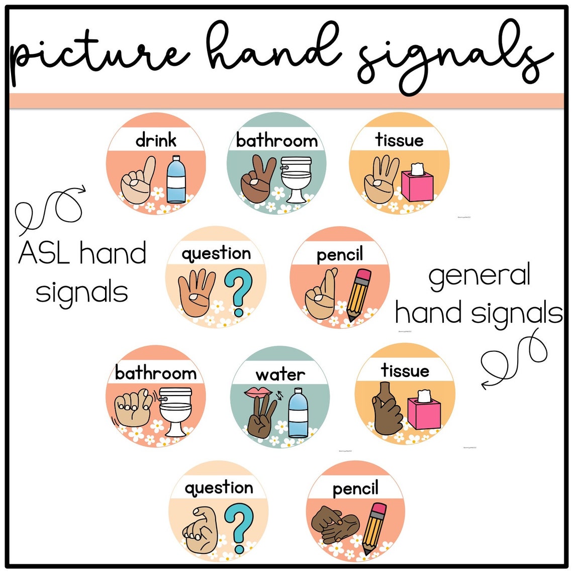 Boho Retro Classroom Hand Signals | Daisy Classroom Decor - Etsy