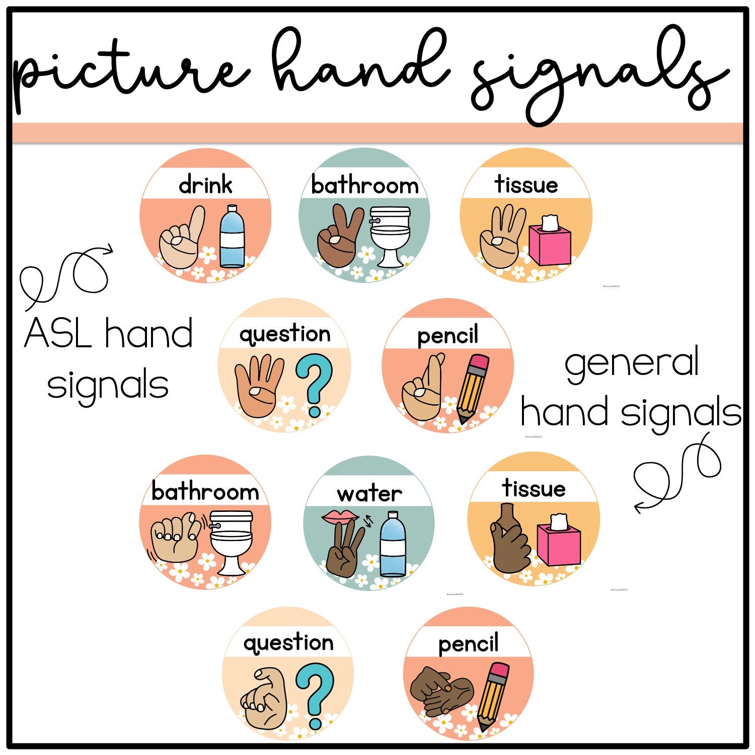 Boho Retro Classroom Hand Signals | Daisy Classroom Decor - Etsy