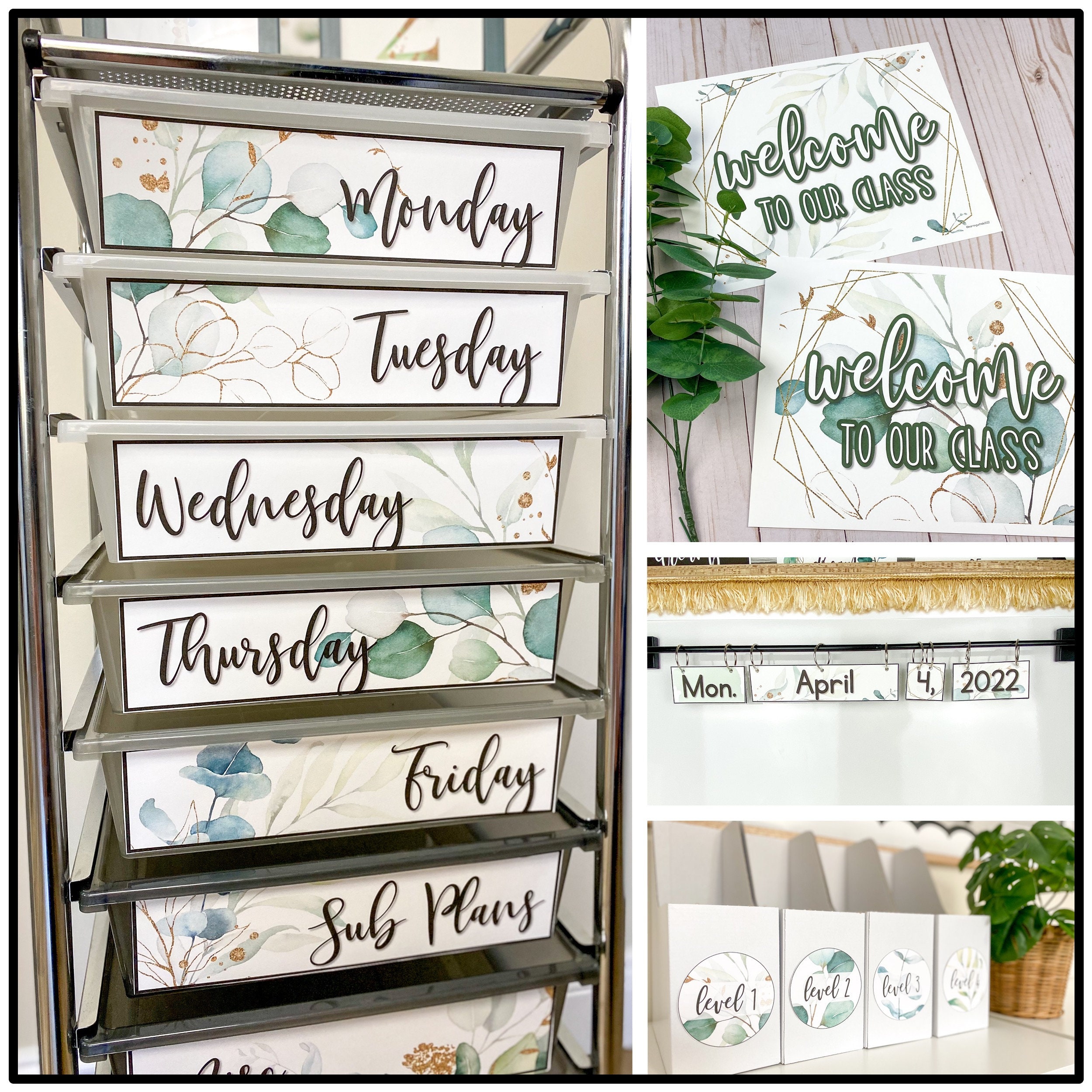 Eucalyptus and Gold Classroom Decor Bundle Editable | Etsy UK