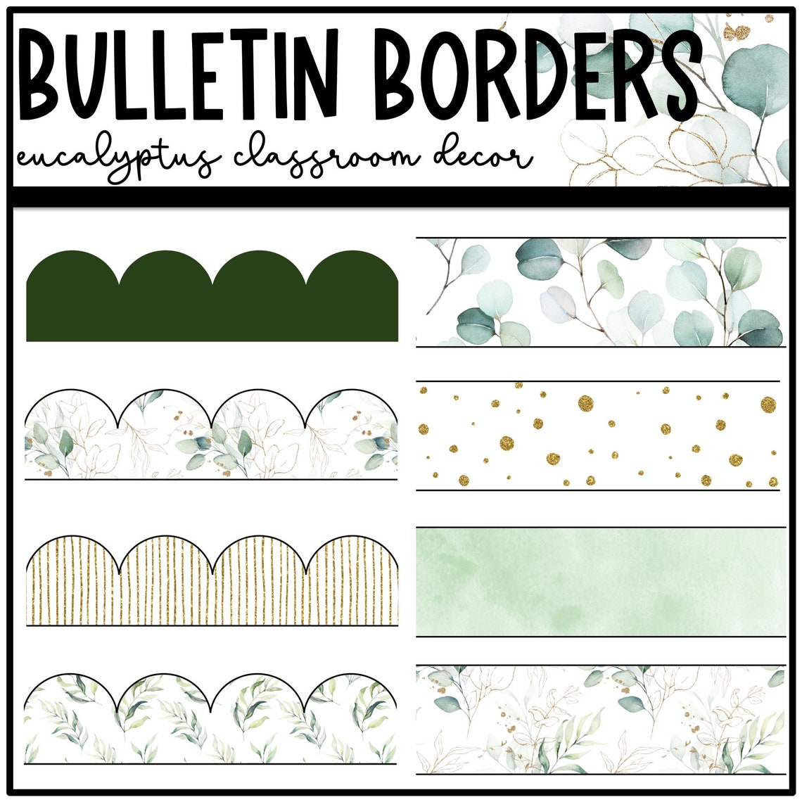Eucalyptus and Gold Bulletin Board Borders | Botanical | Greenery ...