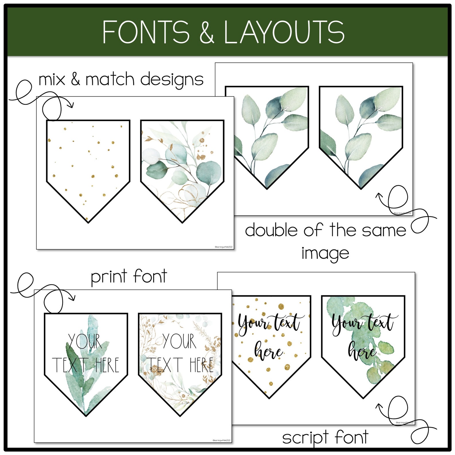 Eucalyptus and Gold Banner Bunting Bulletin Board Botanical Classroom ...