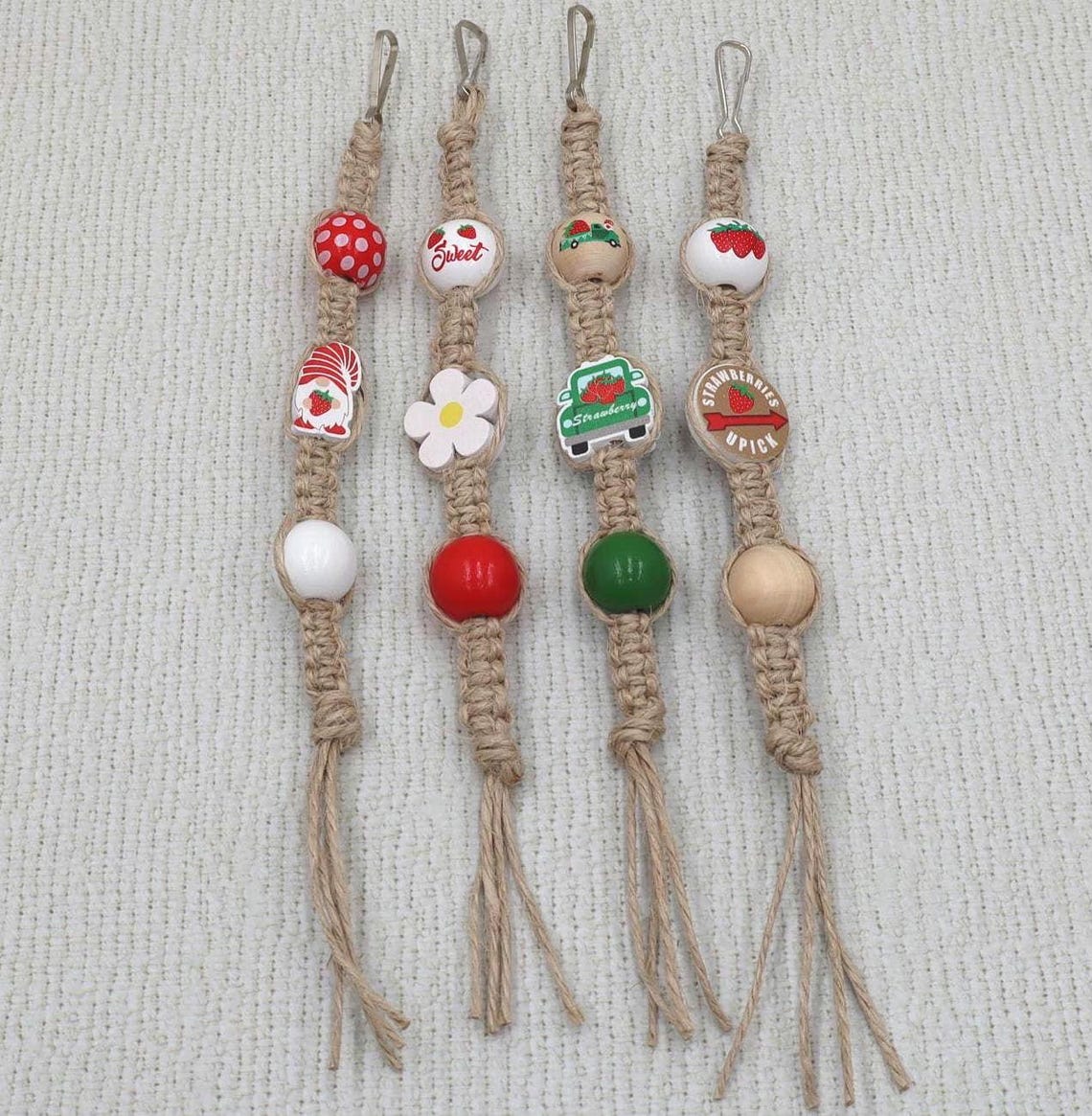 Hemp Keychain With Strawberry Themed Wooden Beads - Etsy