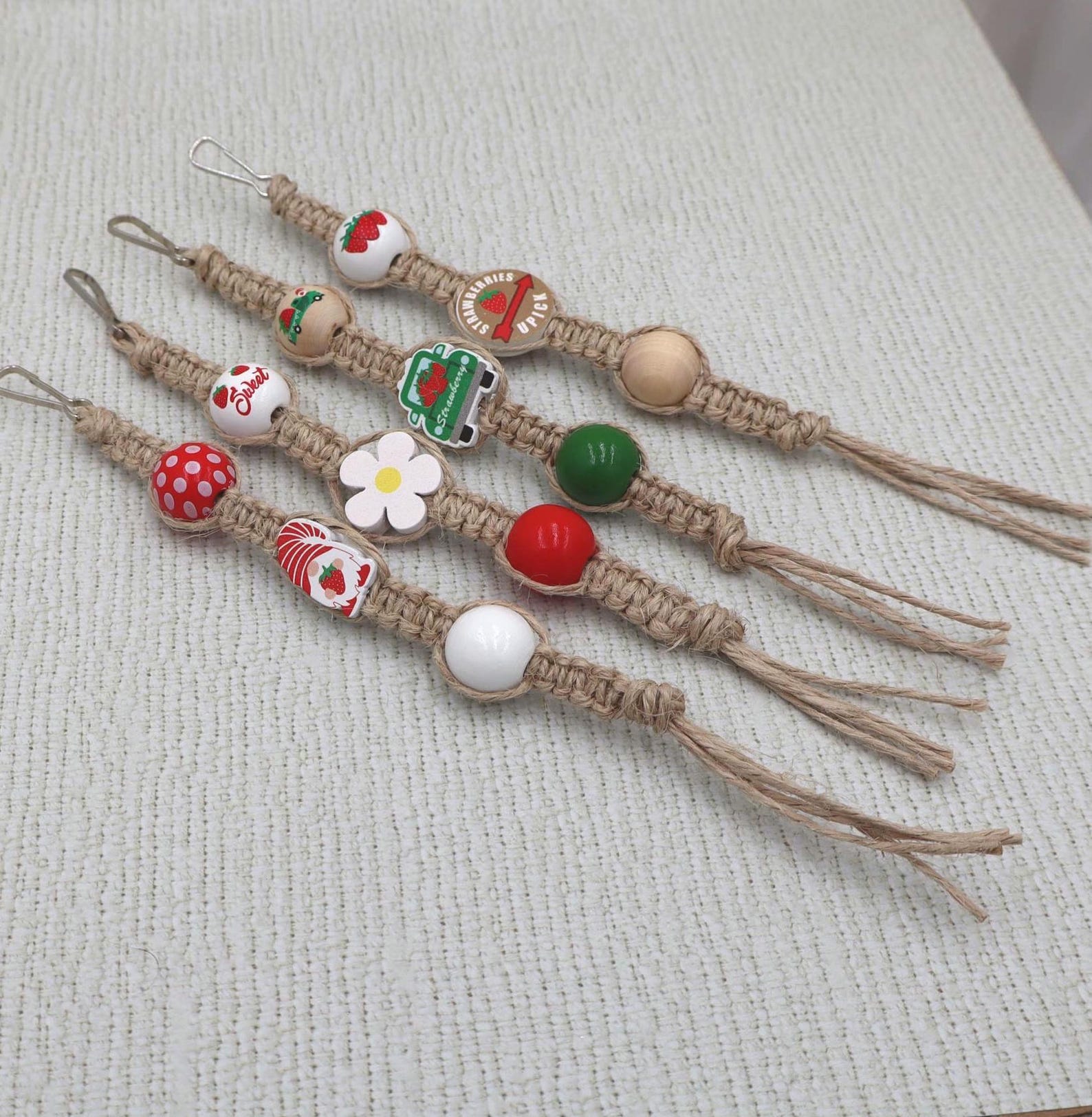 Hemp Keychain With Strawberry Themed Wooden Beads - Etsy