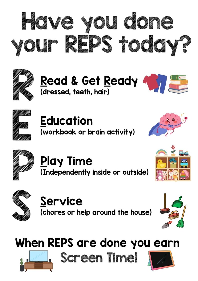 REPS Kids Routine Chart | Daily Responsibility & Screen Time Reward ...