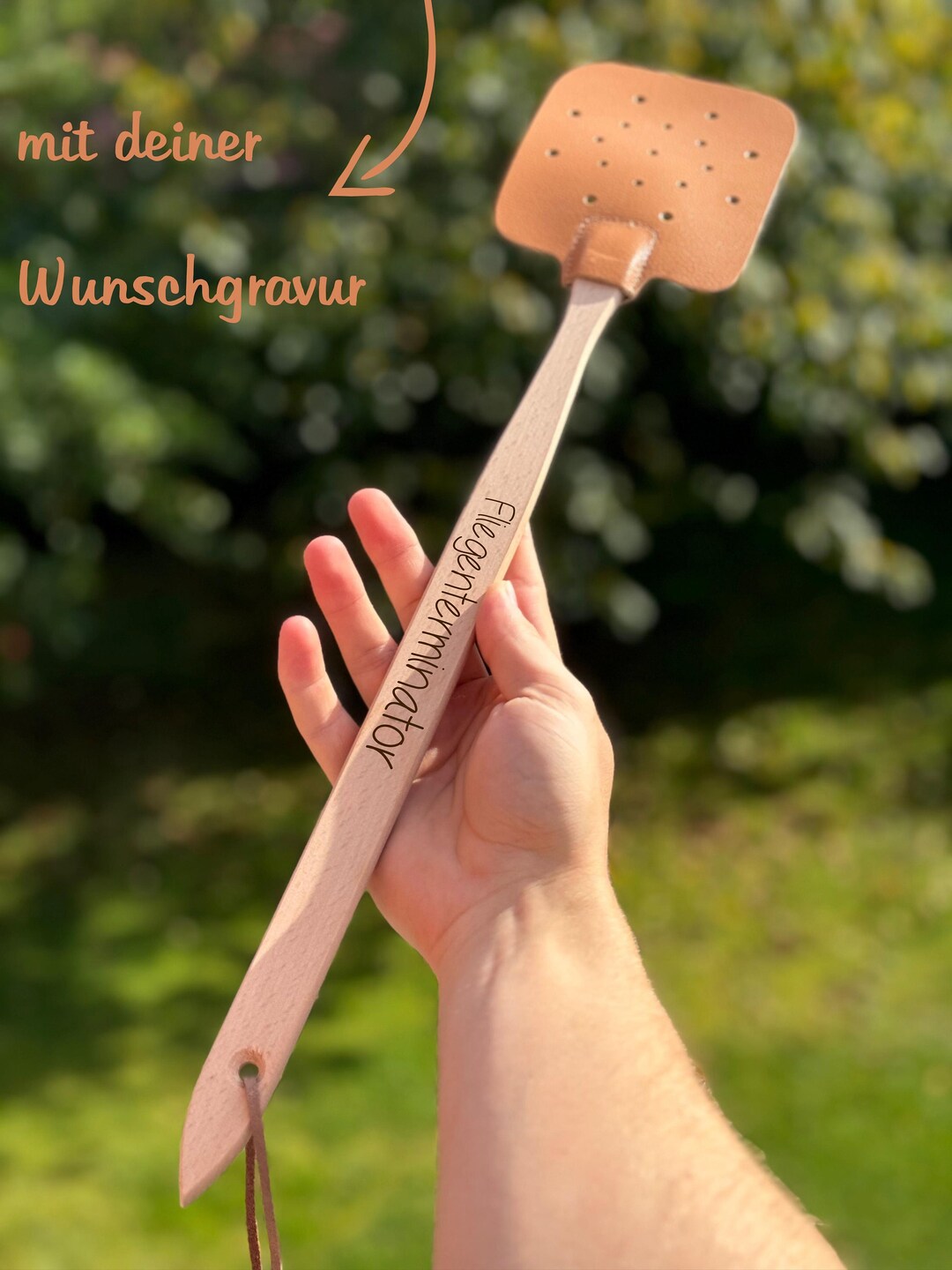 Fly Swatter Made of Wood and Leather, With Engraving, Personalized ...