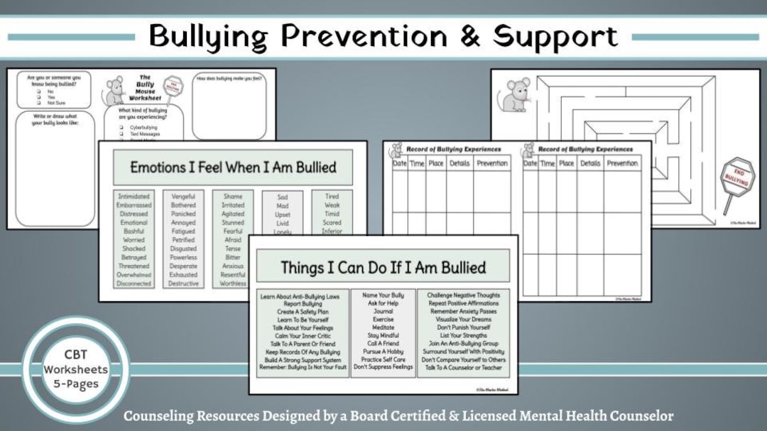 The Bully Mouse CBT Worksheet for Kids & Teens With End Bullying Maze ...