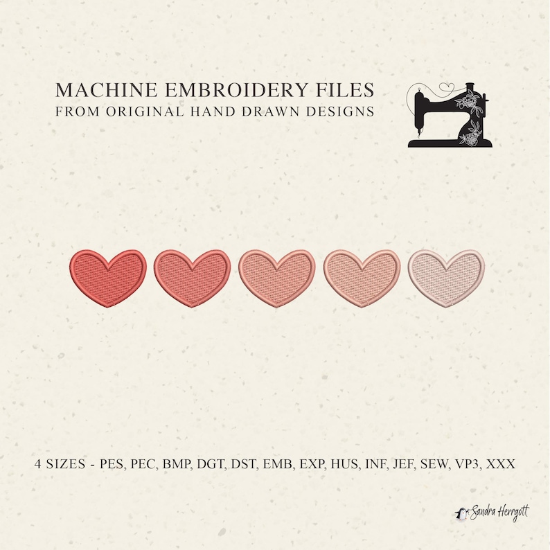 5 Pink Hearts Machine Embroidery Design Pattern File, Cute Valentine ...
