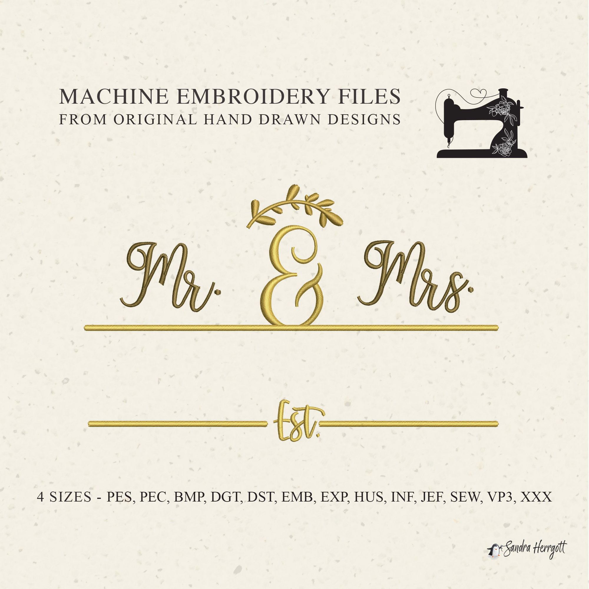 Mr & Mrs Machine Embroidery Design Pattern, Hand-lettered Embroidery ...