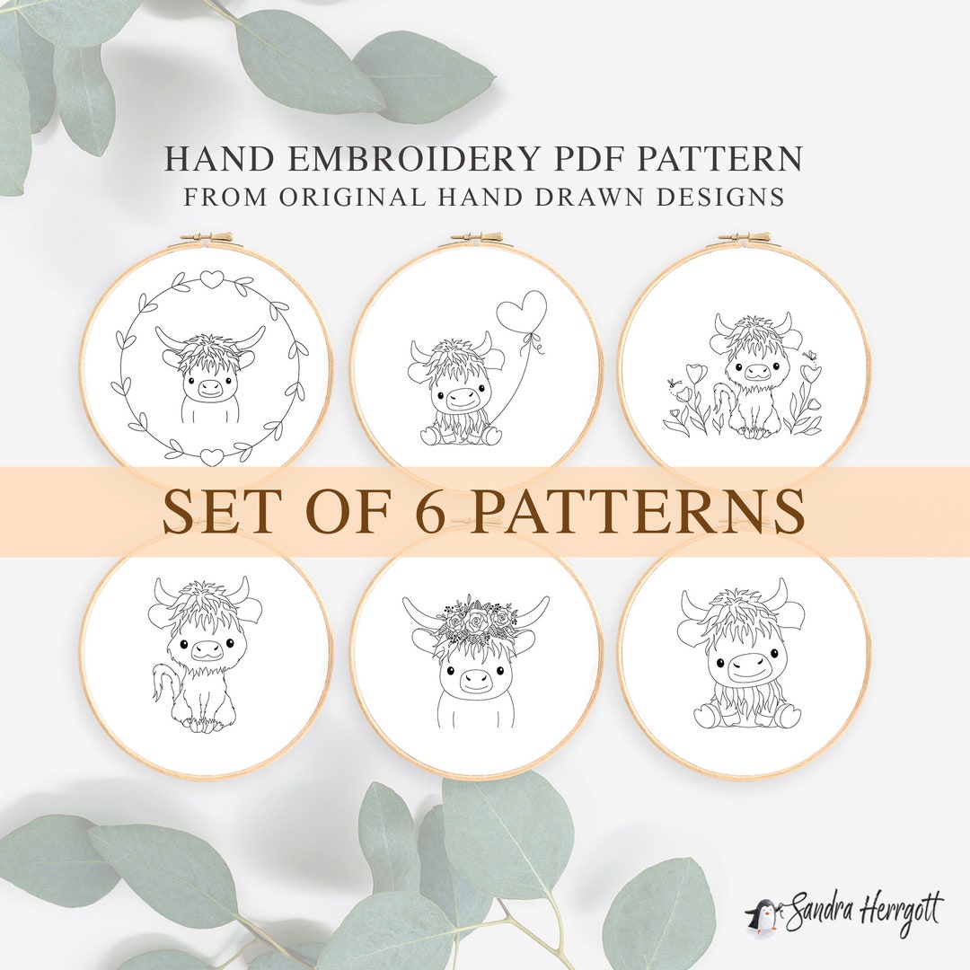 Highland Cow Hand Embroidery PDF Pattern Template, Floral Meadow ...