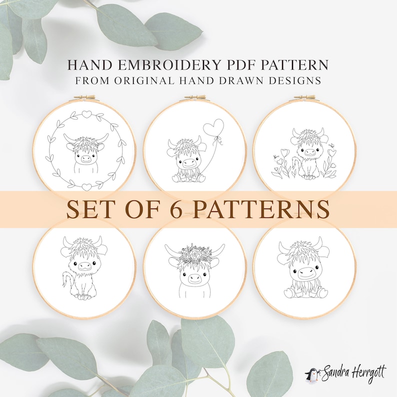 Highland Cow Hand Embroidery PDF Pattern Template, Floral Meadow ...