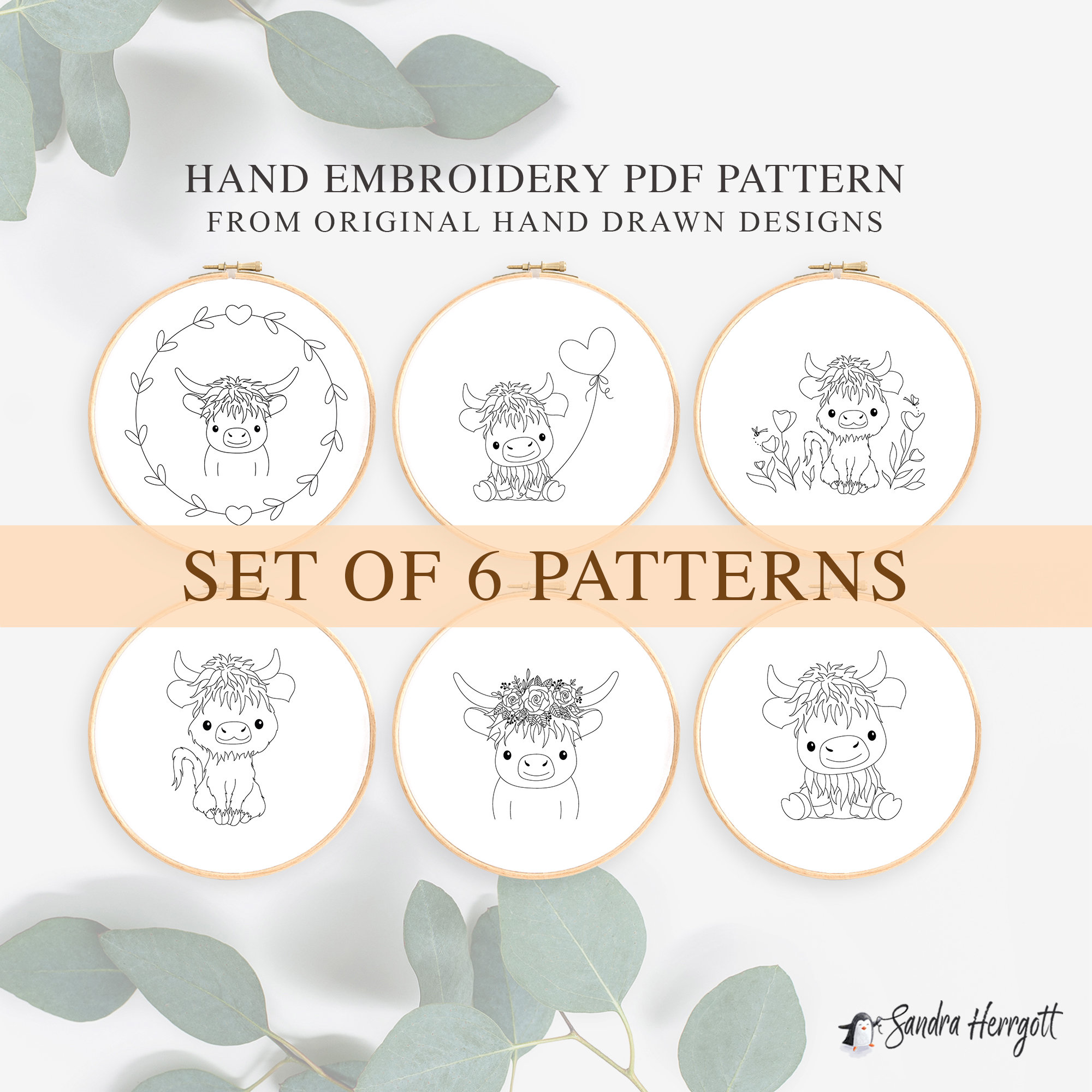 Highland Cow Hand Embroidery PDF Pattern Template, Floral Meadow ...