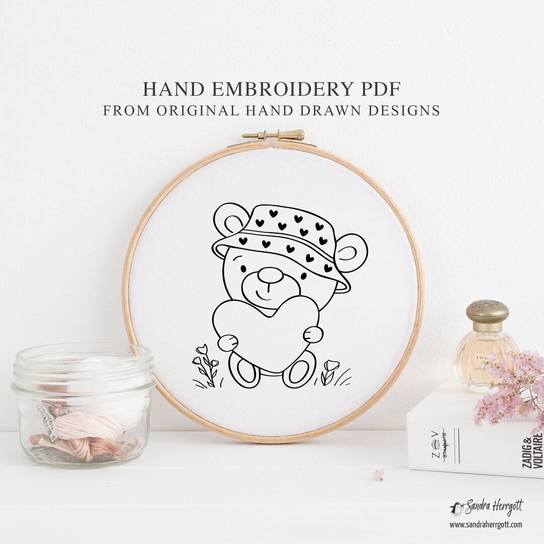 Bear Heart Hand Embroidery PDF Pattern Template, Cute Birthday Digital ...