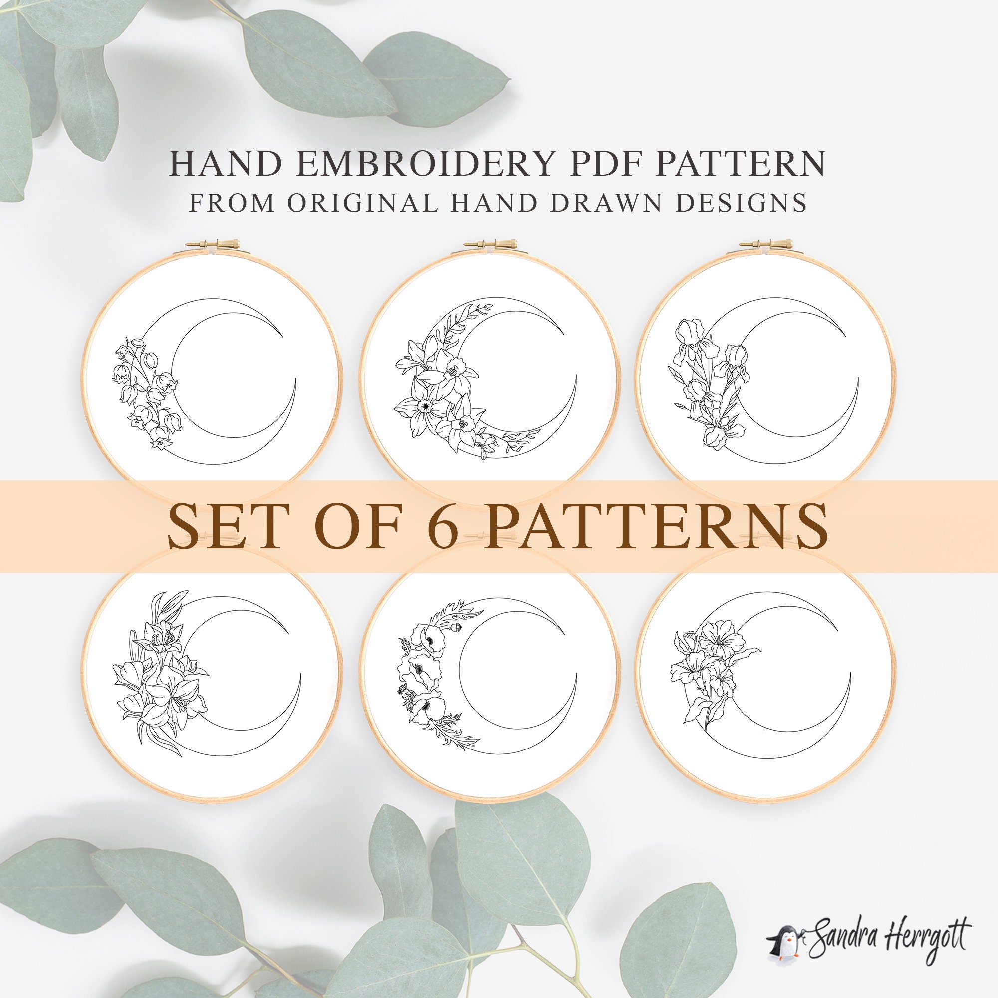 Floral Moon Hand Embroidery PDF Pattern Template, Celestial Digital ...