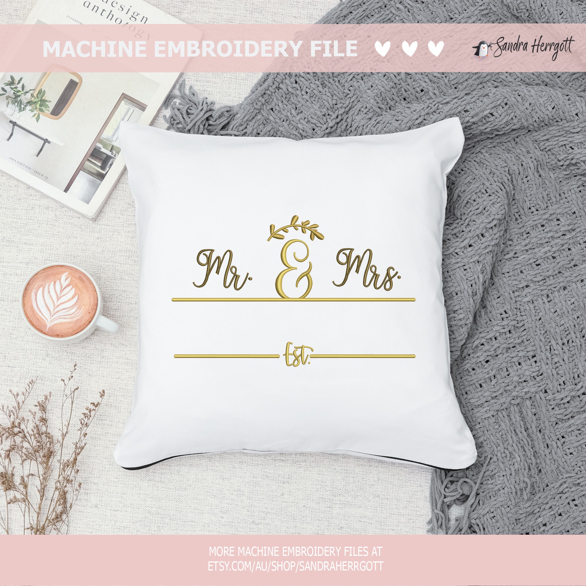 Mr & Mrs Machine Embroidery Design Pattern, Hand-lettered Embroidery ...