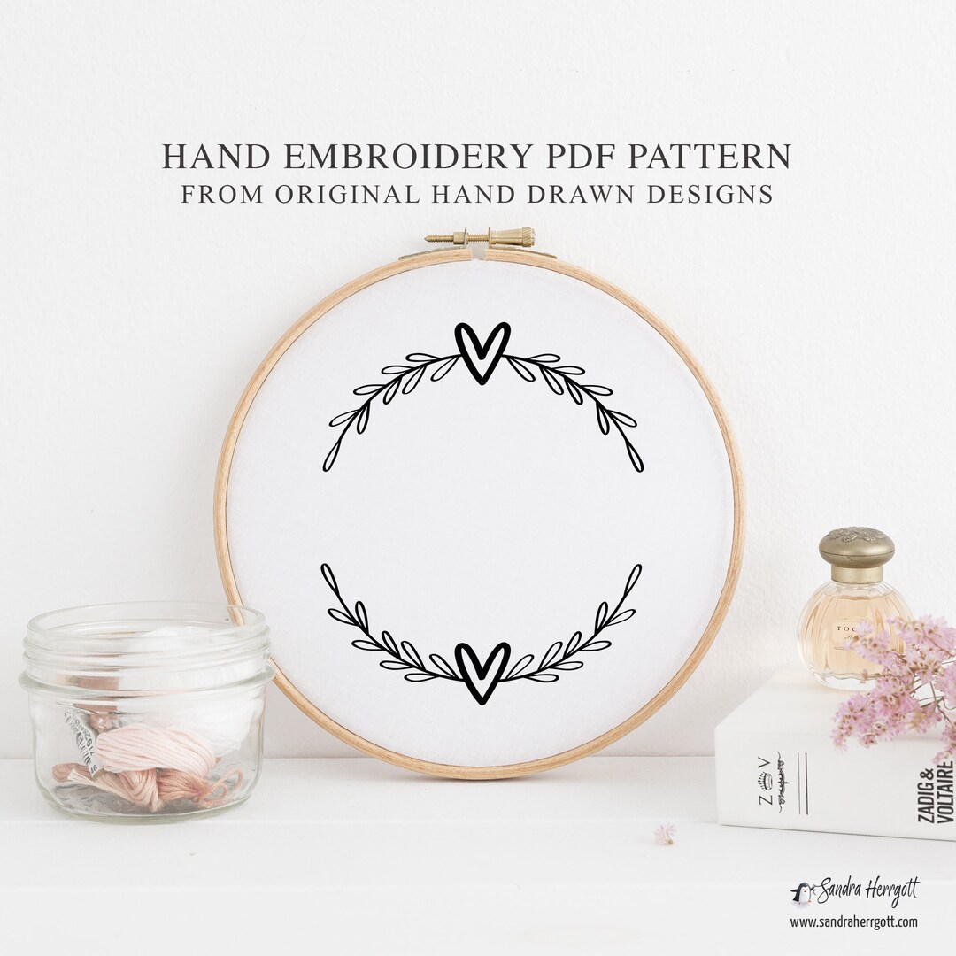 Heart Wreath Hand Embroidery PDF Pattern Template Botanical - Etsy