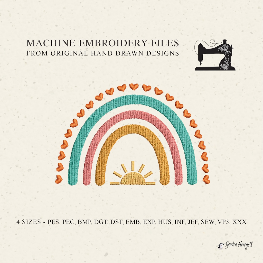 Cute Boho Sun Rainbow Machine Embroidery Design Pattern File, Heart ...