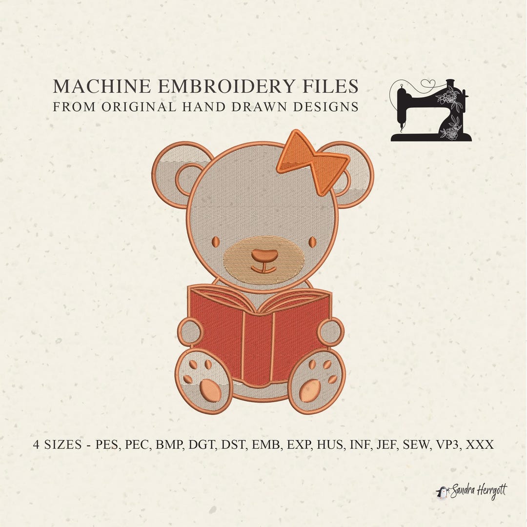 Bear Girl Reading Machine Embroidery Design Pattern File, Animal Book ...