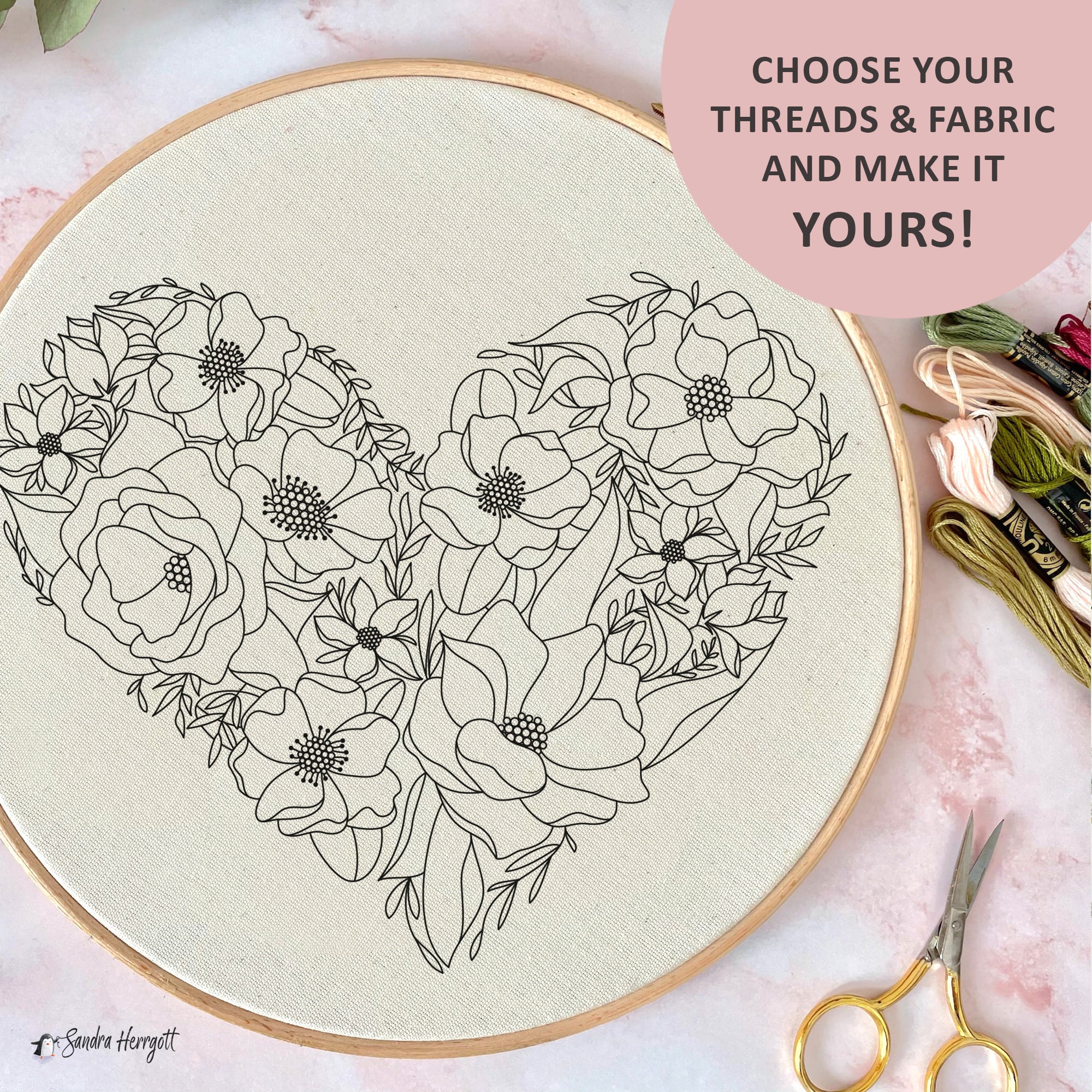 Floral Heart Hand Embroidery PDF Pattern Template Botanical - Etsy