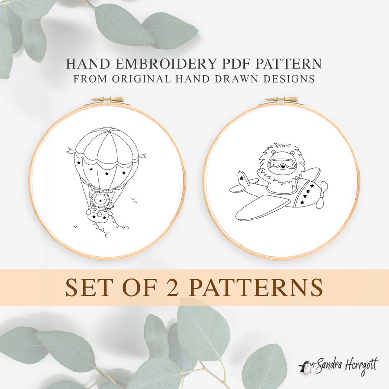 Lion Plane Hot Air Balloon Hand Embroidery PDF Pattern Template, Cute ...