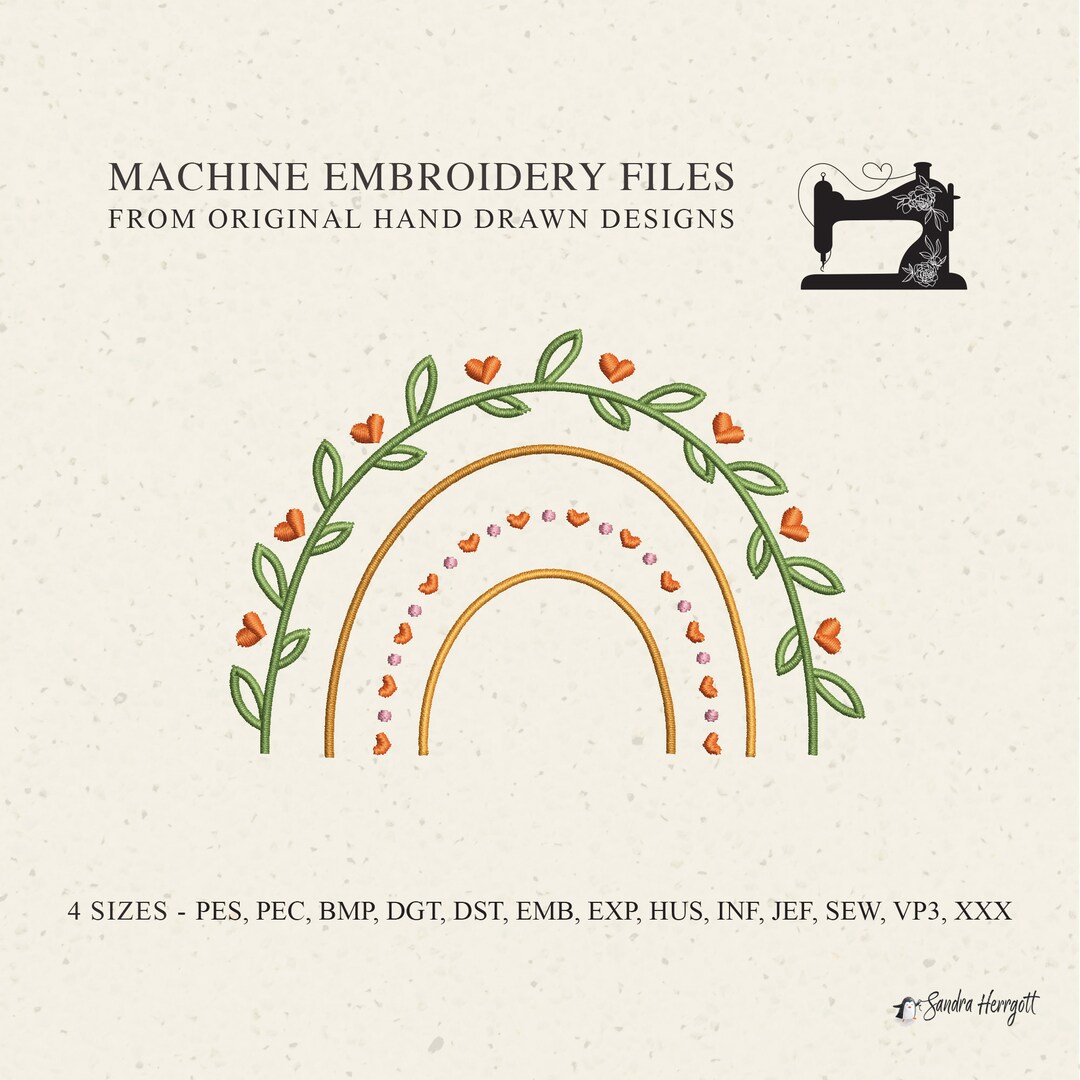 Cute Boho Rainbow Machine Embroidery Design Pattern File, Heart Leaf ...