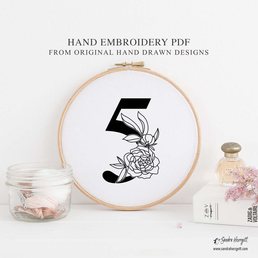 Number 5 Peony Hand Embroidery PDF Pattern Template, Botanical Digital ...