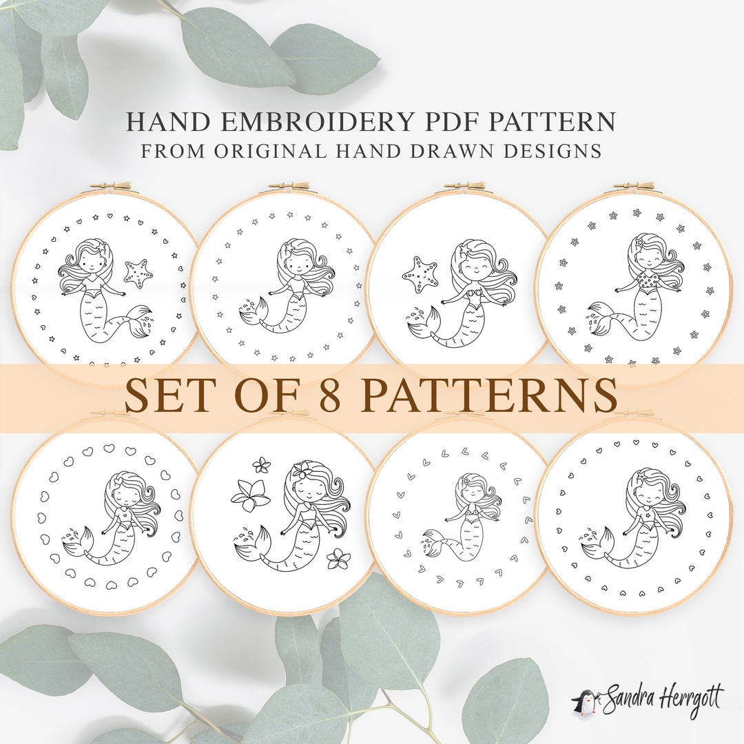 Little Mermaid Hand Embroidery PDF Pattern Template, Cute Ocean Digital ...