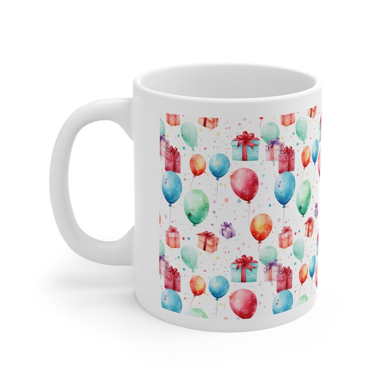 11oz Ceramic Mug for Happy Birthday Gift Balloons Confetti Presents ...