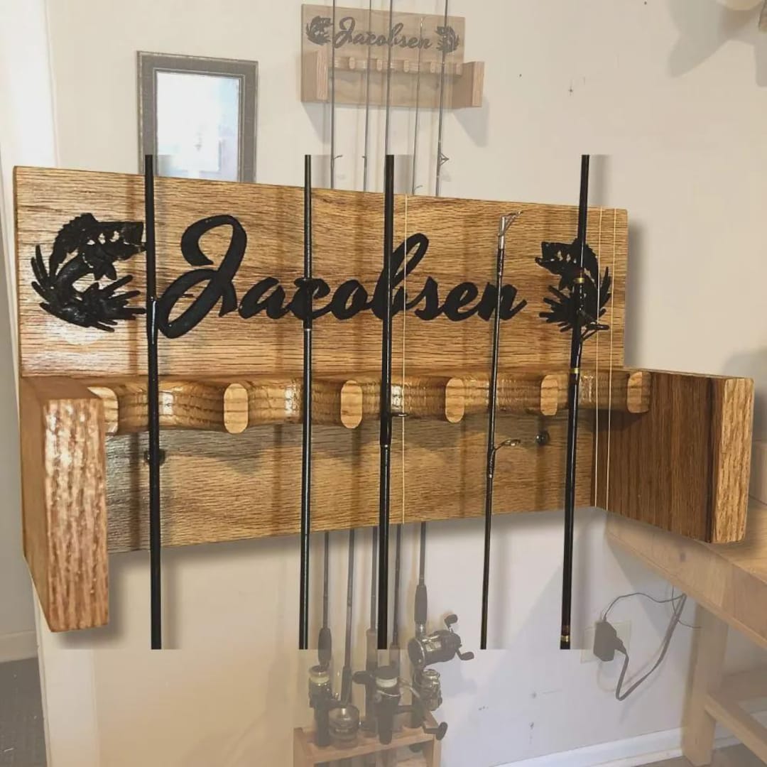 Personalized Wooden Fishing Rod Rack: Wall Mounted 5-rod Storage - Etsy