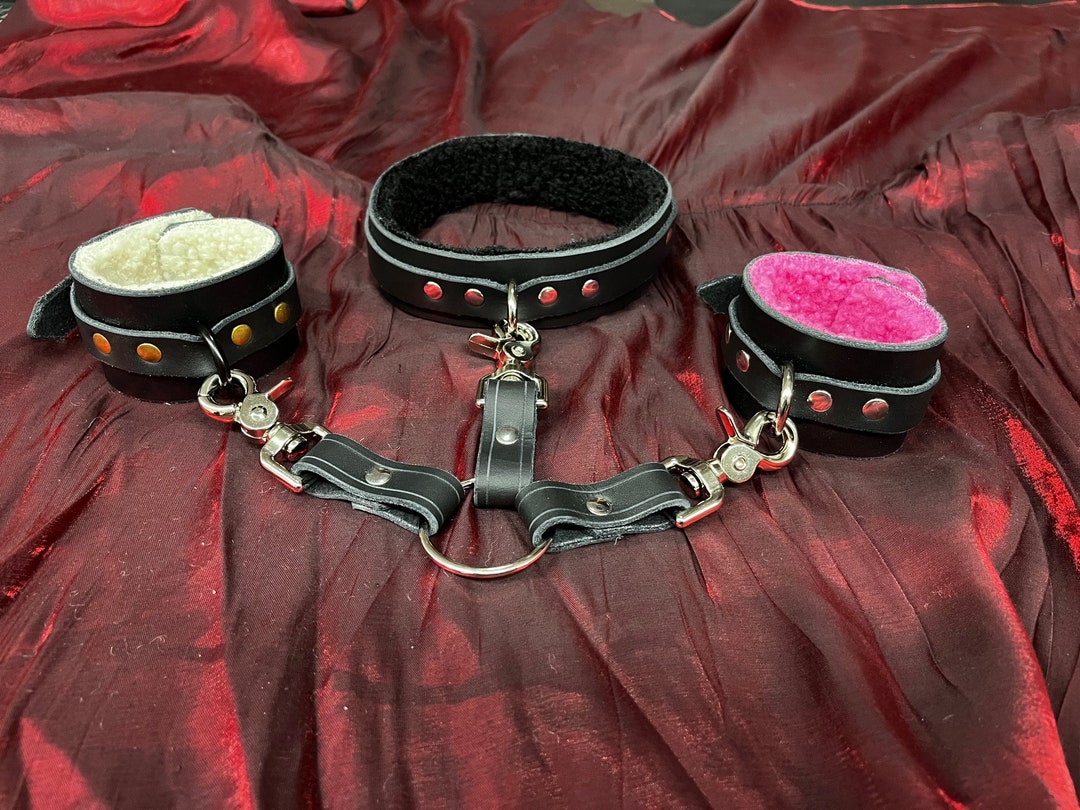 Leather Choker With Leash, Collar and Restraint Sets, BDSM Faux Fur ...