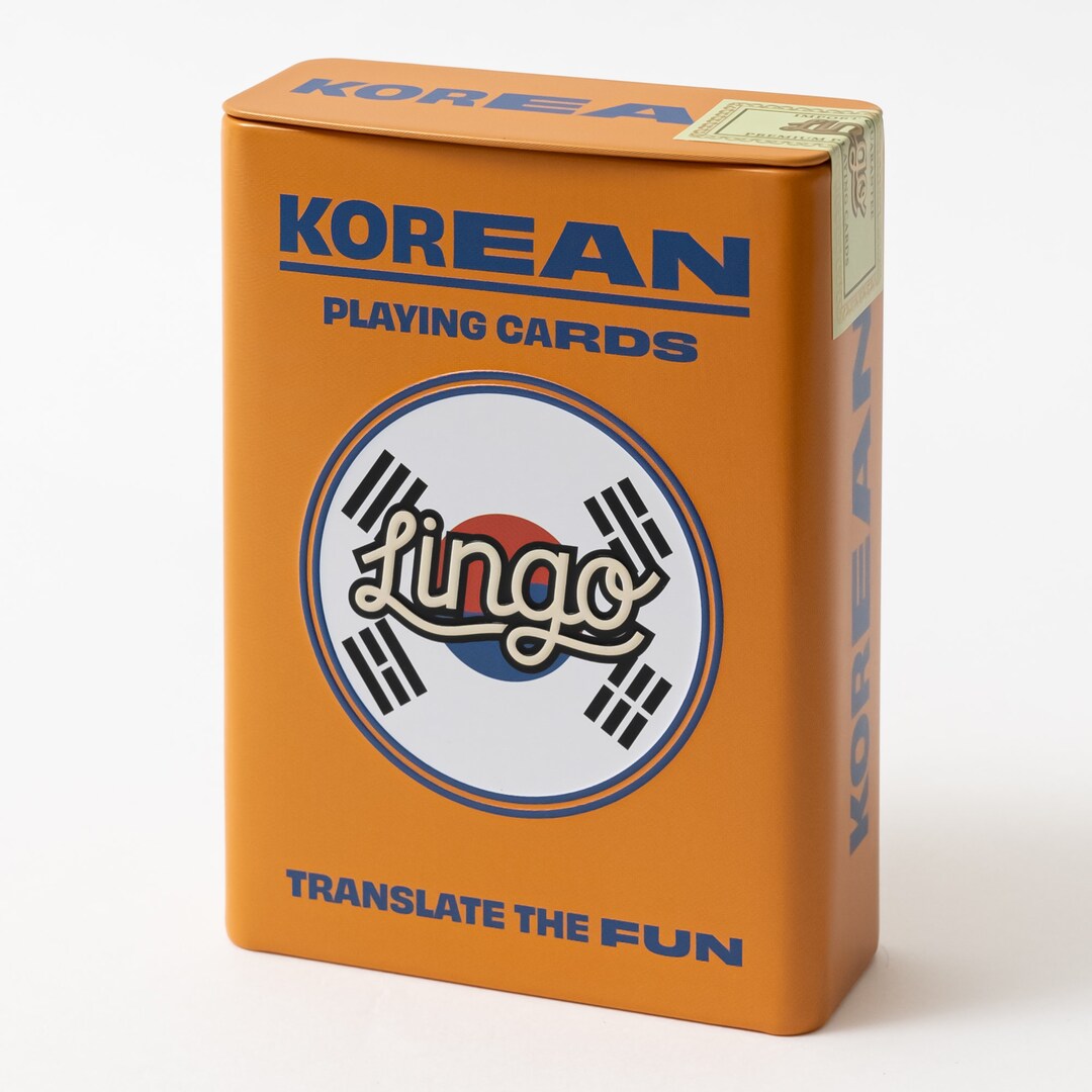 Cartas de juego con palabras y frases en coreano en estuche de hojalata ...