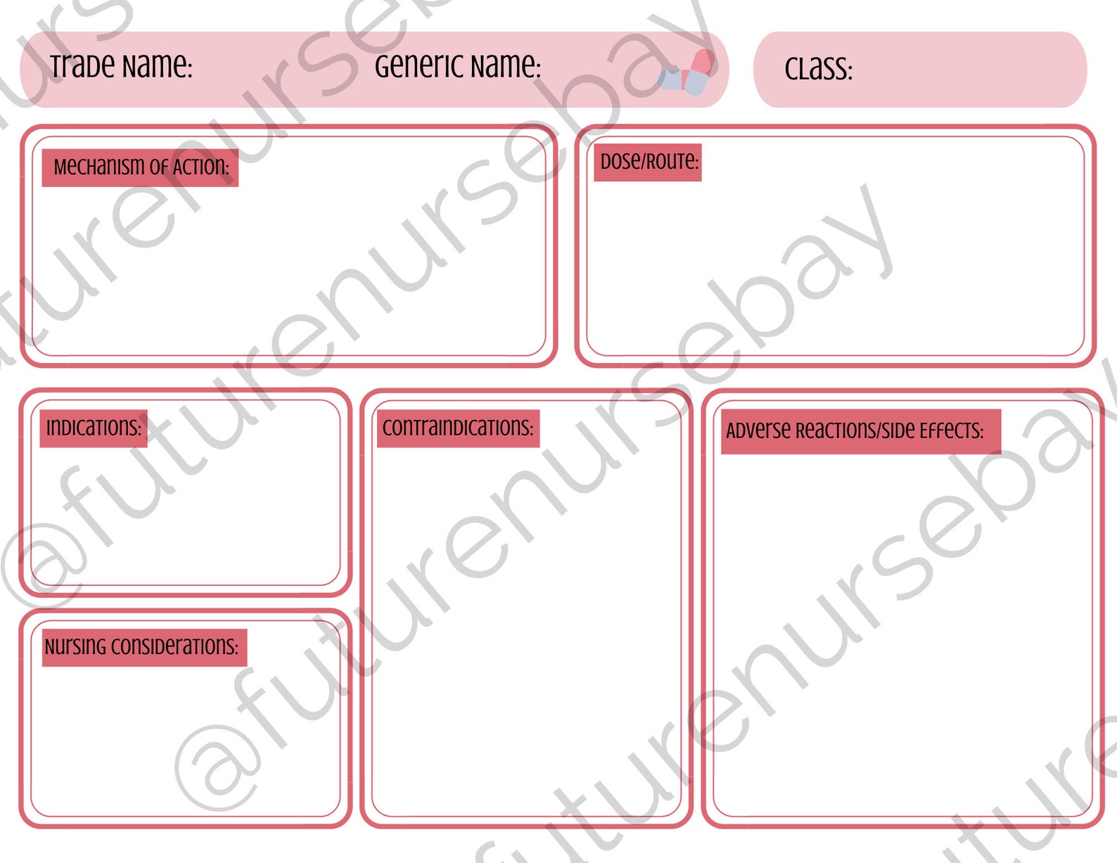 Pharmacology Medication Card Template Pink | Etsy