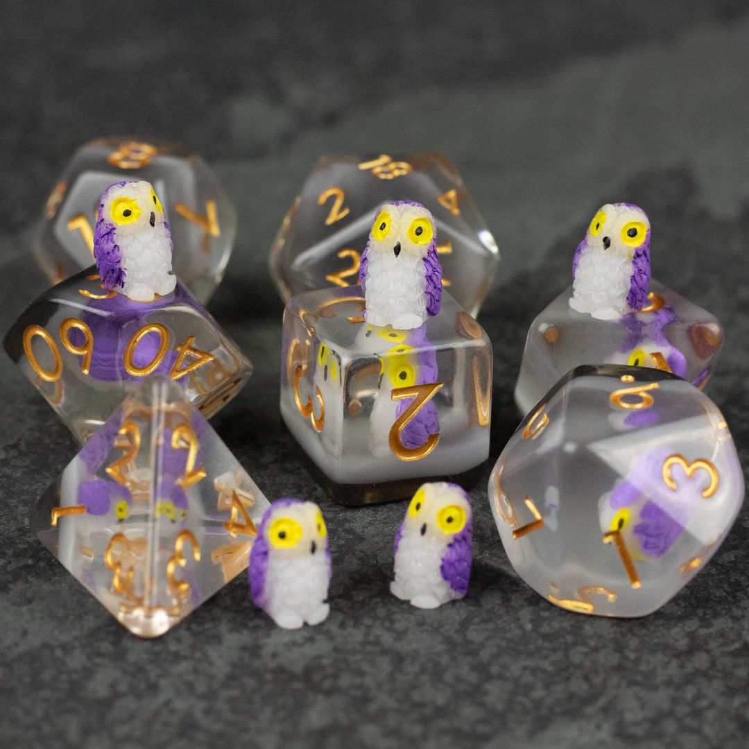 Purple Owl Dice Set - Animal Inclusion Dice for D&D - Bird Dice for ...