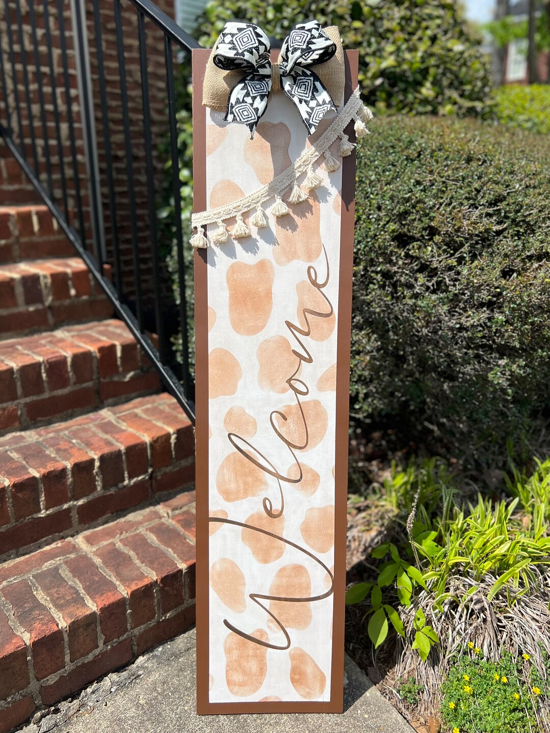 Welcome Wood Door Leaner - Brown Cow Print - Welcome Sign - Porch Sign ...