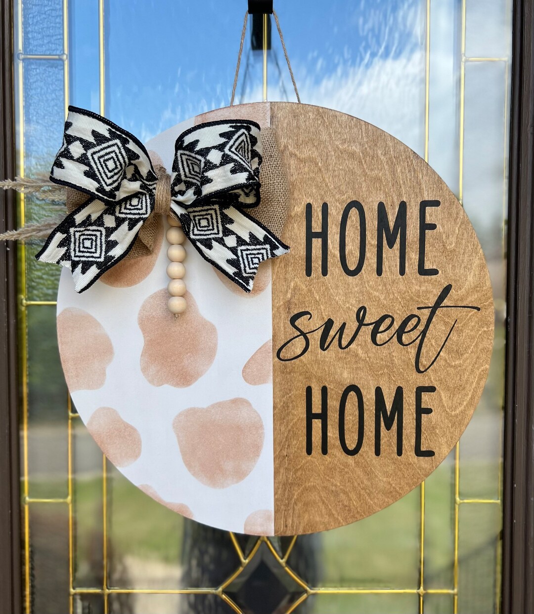 Home Sweet Home Cow Print Door Sign - Brown Cow Print - Porch Decor ...