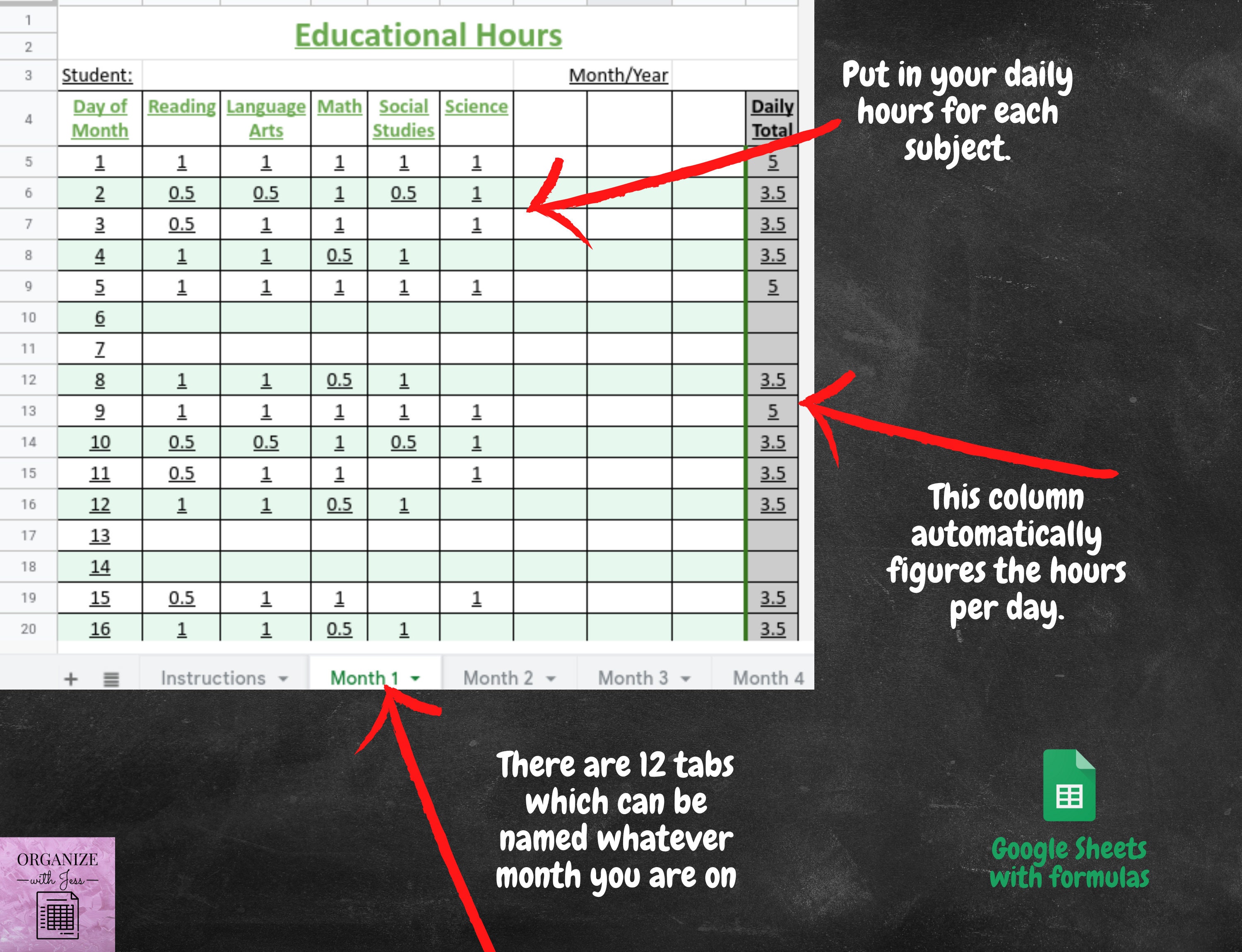 Educational Hours Spreadsheet Tracker Student Homeschool Google Sheets ...