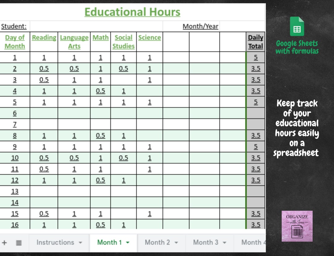 Educational Hours Spreadsheet Tracker Student Homeschool Google Sheets ...
