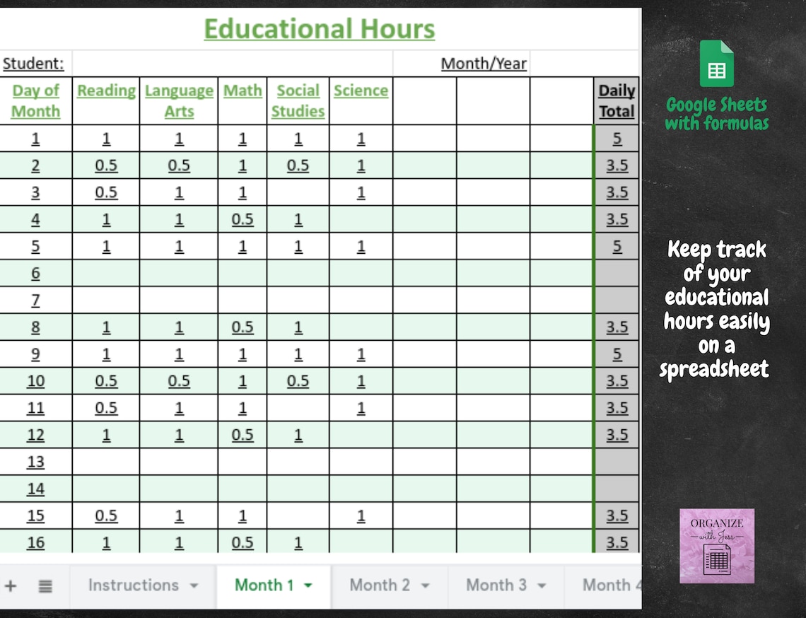 Educational Hours Spreadsheet Tracker Student Homeschool Google Sheets ...