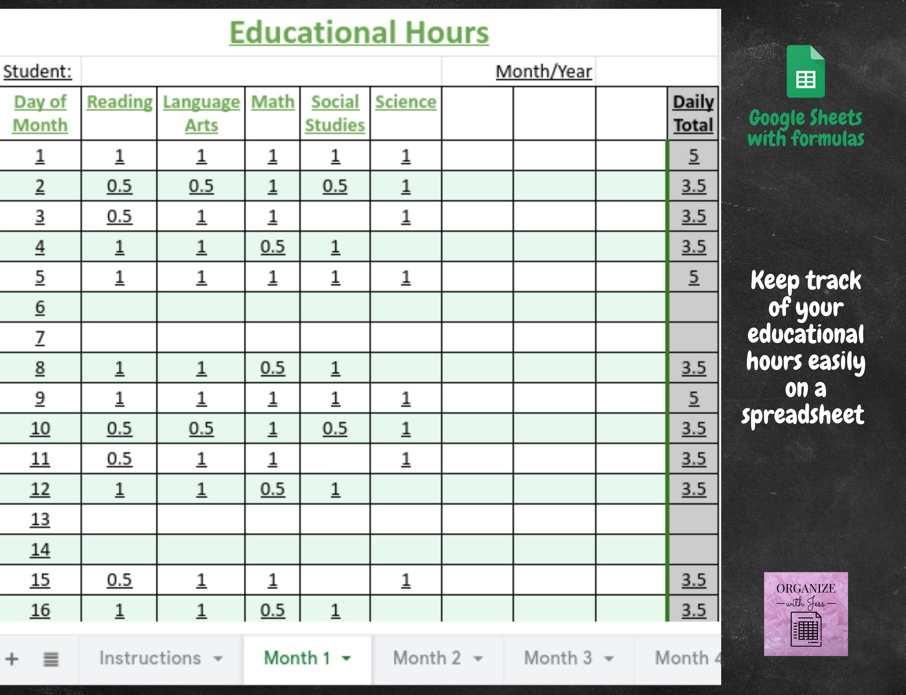 Educational Hours Spreadsheet Tracker Student Homeschool Google Sheets ...