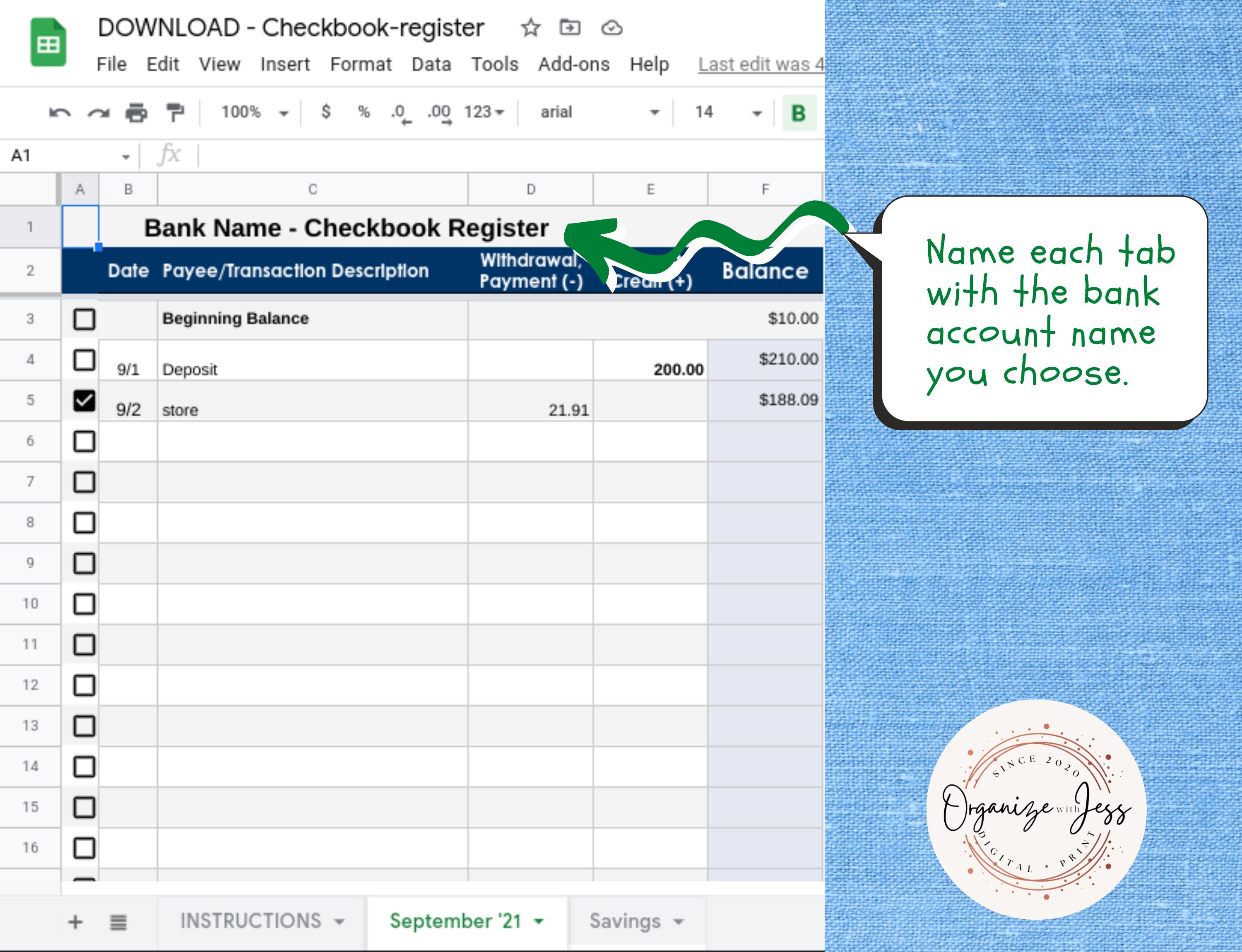 Check Register in Google Sheets With Formulas | Budgeting | Checkbook ...