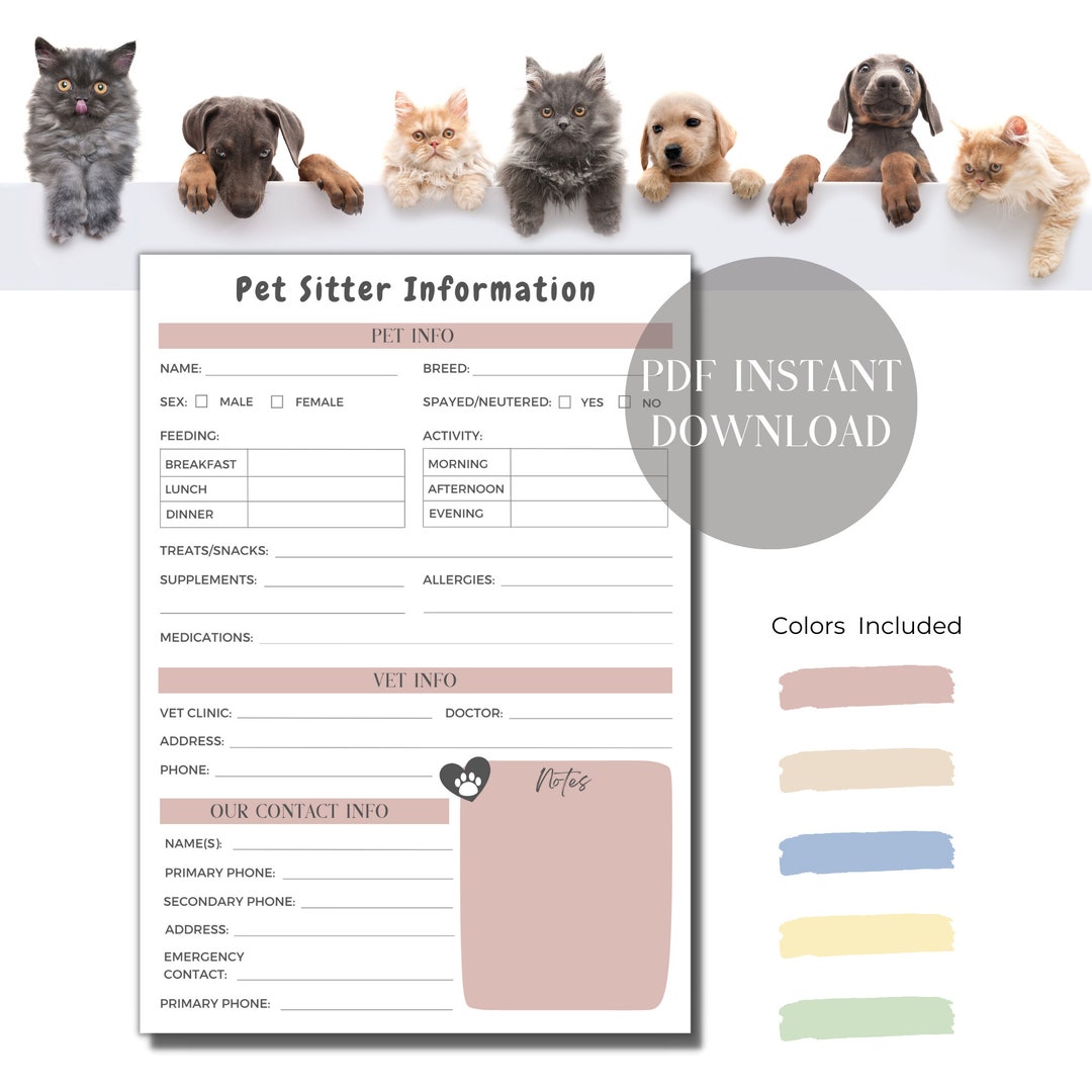Minimalist Pet Sitting Form Printable PDF | Pet Sitter Instructions ...