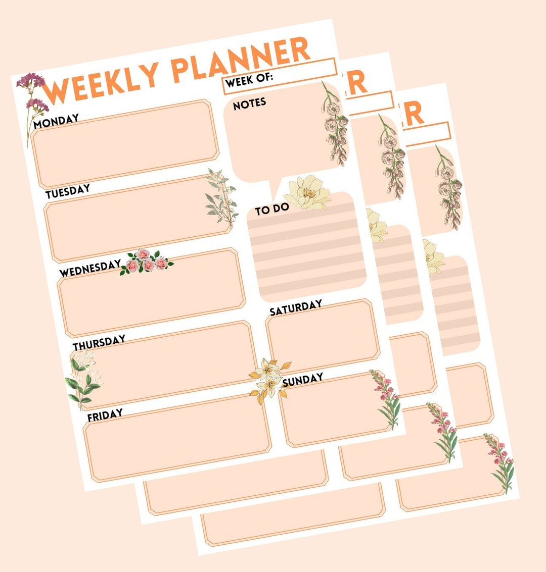 Printable Floral Weekly Schedule - One-page - Orange - Etsy