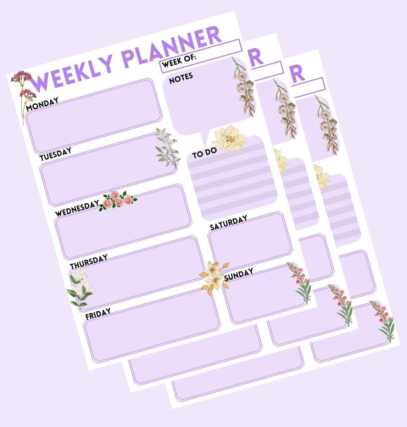 Printable Floral Weekly Schedule - One-page - Purple - Etsy