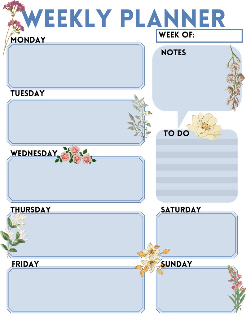 Printable Floral Weekly Schedule One-page Blue - Etsy