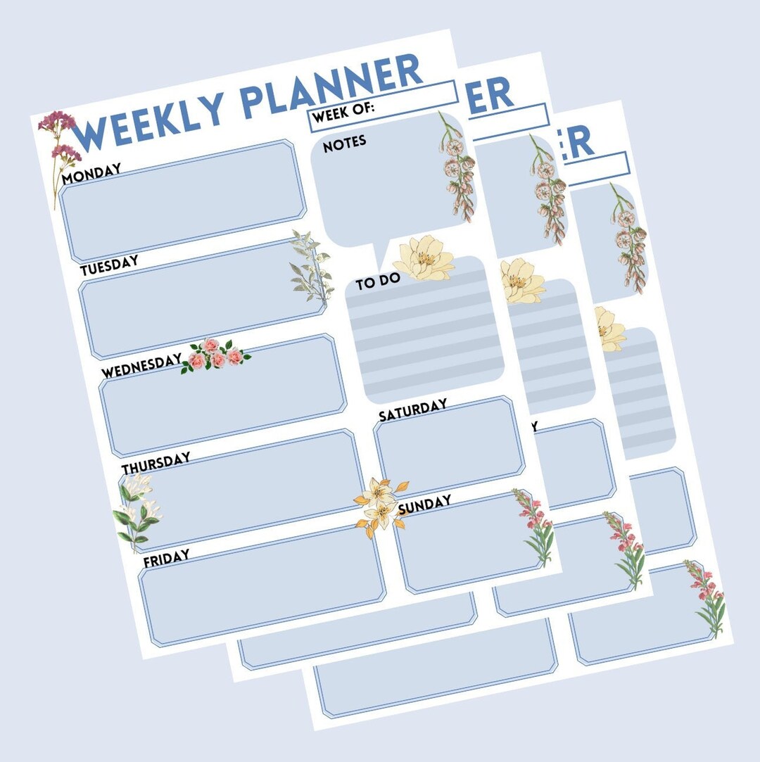 Printable Floral Weekly Schedule - One-page - Blue - Etsy