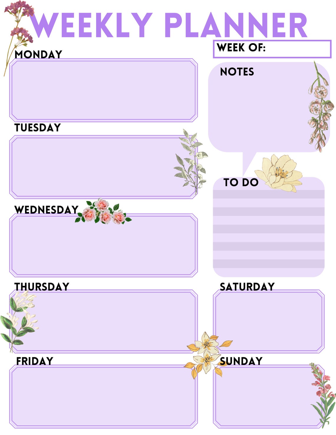 Printable Floral Weekly Schedule One-page Purple - Etsy