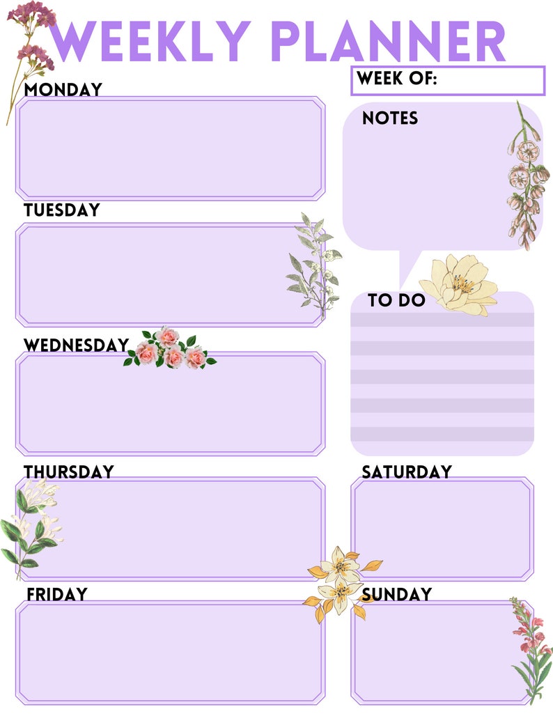 Printable Floral Weekly Schedule One-page Purple - Etsy