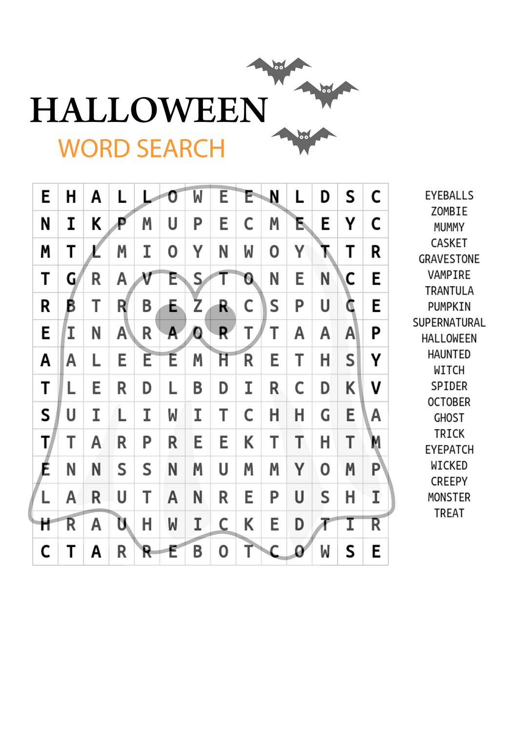 Halloween Ghost Word Search 5 Pages Digital Download Amazing Instant ...