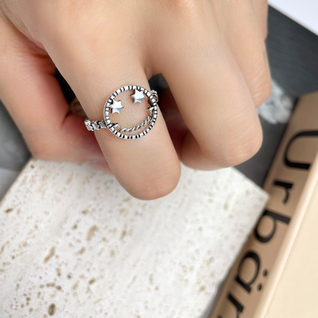 Silver Star Smiley Emoji Adjustable Ring • Unique Playful Design • Gift ...